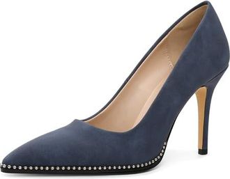 EDEFS Escarpins Femme en Cuir Verni Talon Aiguille 9 cm Bout Pointu pour Travail Décontracté Mariage & Occasions Festives Suède Bleu Marine EU35