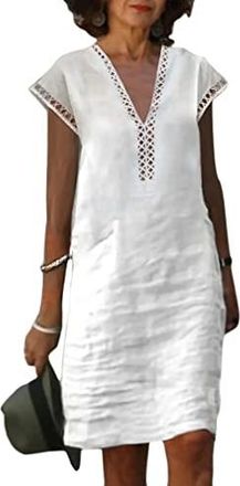TOMWELL Femme Robe &Eacute;t&eacute; Manches Courtes Couleur Unie Dentelle Robe Courte Au Genou Robe Casual Grande Taille Mini Robe Les Vintage Robe de Plage B Blanc S