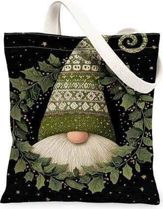 Generic Sacs fourre-tout en toile avec motif de nain de No&euml;l, motif fantaisie, sacs d&eacute;picerie r&eacute;utilisables, respectueux de lenvironnement, l&eacute;gers et lavables