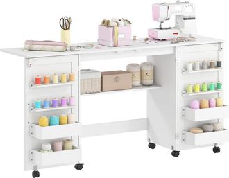 HOMCOM Table de couture pliante, meuble couture &agrave; roulettes, 2 portes magn&eacute;tiques, 4 bacs, 20 crochets, 160x40x81,5cm, blanc-Blanc