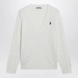 Prada Wei&szlig;er Pullover mit V-Ausschnitt und Zopfmuster