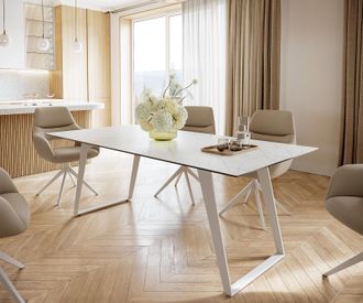 DELIFE Esstisch Edge 200x100 cm Keramik Laminam Statuarietto Wei&szlig; Metall Schr&auml;g Wei&szlig;, Esstische