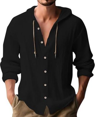 Generic DENGJIAMY Sweat &agrave; capuche d&eacute;t&eacute; pour homme uni plage vacances cordon de serrage T-shirt &agrave; manches longues d&eacute;contract&eacute; solide boutonn&eacute; chemise &agrave; capuche