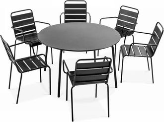 Oviala Oviala - Ensemble table de jardin ronde et 6 fauteuils acier gris - Palavas