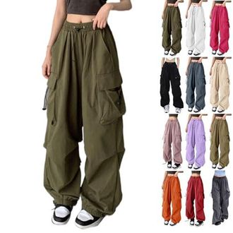 Generic Pantalon cargo de parachute pour femme avec cordon de serrage taille haute Y2K - Taille élastique - Harajuku Punk Gothique - Coupe ample - Résistant à