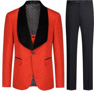 AlltheMen Costumes pour Hommes 3 Pièces Costume de Smoking De Mariage De Bal Hommes Un Bouton Châle Revers Blazer Veste+Gilet+Pantalon Rouge 3XL