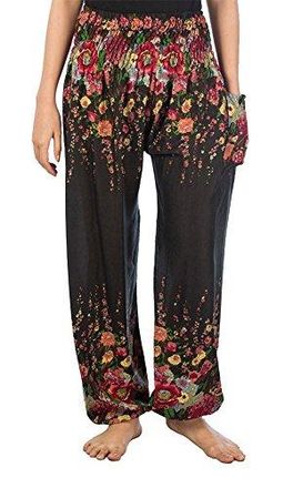 Lofbaz Pantalon Sarouel Femmes Taille Smockée Floral Noir XL
