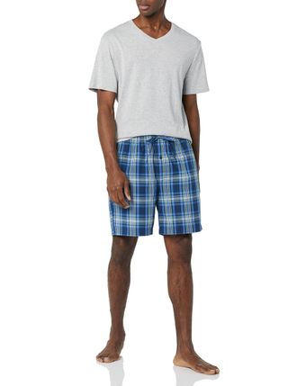 Amazon Essentials Herren Schlafanzug-Shorts Aus Baumwollpopeline Mit Baumwoll-T-Shirt, Grau Meliert/Marineblau Karomuster, 3XL