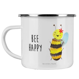 Mr. & Mrs. Panda Camping Emaille Tasse Biene Happy - Geschenk, Emaille Tassen, Wespe, Outdoor Tasse, Hummel, Kaffee Blechtasse, Camping Tassen