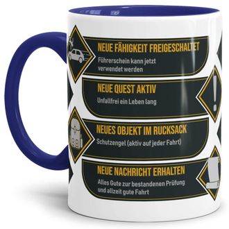 Tassendruck Spruch-Tasse zum F&uuml;hrerschein - Neue F&auml;higkeit - Innen & Henkel Dunkelblau - Mug/Cup/Becher/Lustig/Geschenk-Idee/Beste Qualit&auml;t