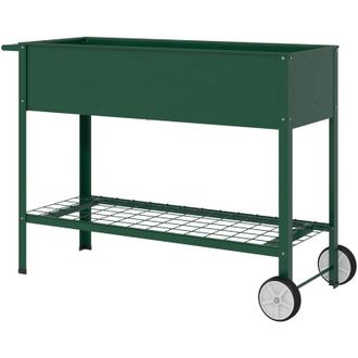 OUTSUNNY Jardini&egrave;re sur pieds potager dim. 109L x 44l x 80H cm &eacute;tag&egrave;re 2 roues + insert dirrigation m&eacute;tal vert