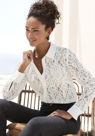 Lascana Spitzenbluse LASCANA, Damen, Gr. 34, wei&szlig;, Spitze, Obermaterial: 55% Baumwolle, 45% Polyamid. Einsatz: 100% Viskose, unifarben, figurumspielend h&uuml;ftla