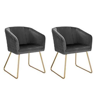 Woltu BH271dgr-2 Lot de 2 chaises de salle &agrave; manger, de cuisine, de coiffeuse, de salon, avec accoudoirs, assise en velours, pieds en m&eacute;tal dor&eacute;, gris fonc&eacute;