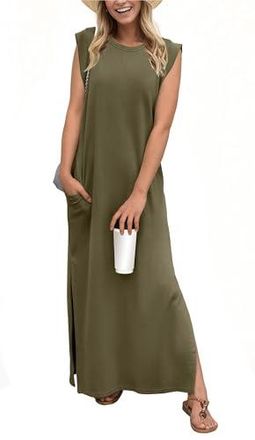 Generic Robe longue d&eacute;t&eacute; d&eacute;contract&eacute;e sans manches pour femme 2026 - Coupe ample et tendance - Pour les vacances et la plage, vert militaire, XXL