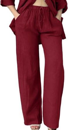 Generic Pantalon Fluide Femme,Womens Daily Elastic Waist Pockets Straight Solid Color Casual Pants Loose Long Trousers Short Boxe Fille (Red, XXXXXL)