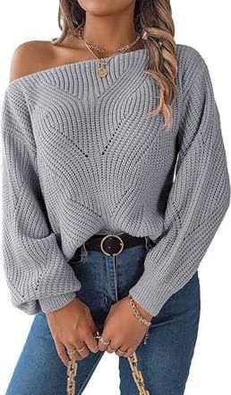 Feoya Pull sexy ajouré pour femme - Pull surdimensionné à épaules dénudées - Manches lanterne - Pull en tricot avec encolure bateau, gris, S