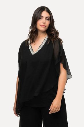 Ulla Popken Longbluse Chiffonbluse doppellagig V-Ausschnitt Halbarm