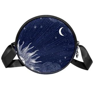 Generic Petit sac &agrave; bandouli&egrave;re rond pour femme, motif soleil, lune et &eacute;toiles, avec fermeture &eacute;clair, bretelles r&eacute;glables, sac &agrave; main rond d&eacute;contract&eacute; pour f