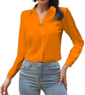 Generic Chemisier &agrave; manches longues pour le travail boutonn&eacute; - Chemisier en satin grande taille pour femme avec boutons et &eacute;paules droites - Chemisier drap&eacute; r