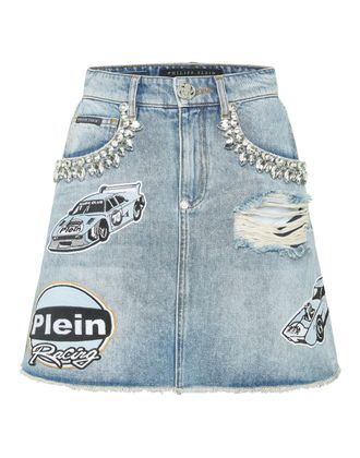 Philipp Plein Denim Mini Skirt Stones Cars Racing