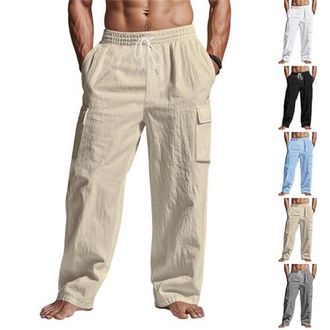 Generic Pantalon cargo ample en lin pour homme - Jambe droite - Pantalon de randonn&eacute;e avec cordon de serrage - Coupe ample - Pantalon de jogging d&eacute;contract&eacute; -
