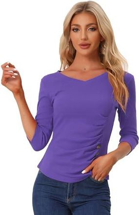 Allegra K Femmes Haut Fronc&eacute; Manches 3/4 Col V 9 L