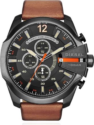 Diesel Homme, Accessoires, Brun, Taille: ONE Size Montre Mega Chief &agrave; bracelet en cuir