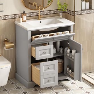 Generic Waschbecken mit Unterschrank 76 cm Grau Badm&ouml;bel Set Stehend Keramik Waschtisch mit Klappfach & T&uuml;rregal Softclose Moderne Waschkommode Lackiert f&uuml;r B