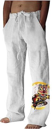 Generic Pantalon en lin pour hommes respirant : pantalon d&eacute;t&eacute; avec imprim&eacute; pantalon de plage avec taille &eacute;lastique pantalon de loisirs jambe droite pantalon &agrave;