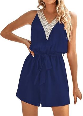 Generic Combinaison d&eacute;contract&eacute;e pour femme - Short en dentelle - Combinaison d&eacute;t&eacute; &agrave; bretelles spaghetti - Combinaison tendance &agrave; jambes larges - Combinaison 