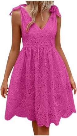 Generic Robes amincissantes pour femmes, robe mi-longue, dentelle, jacquard, ajour&eacute;e, col en V, taille L, 2026, rose vif, XXL