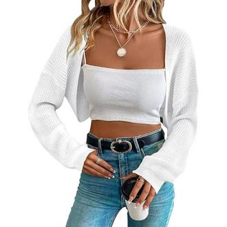 Generic Cardigan Blanc pour Femme, bol&eacute;ro, Pull Ouvert sur Le Devant, Tendance, Manches Longues, tricot&eacute;