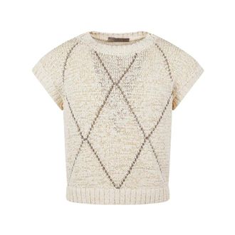 D.exterior Femme, Pulls, Beige, Taille: 42 FR Tricot Textur&eacute; &agrave; Manches Courtes et Col Rond