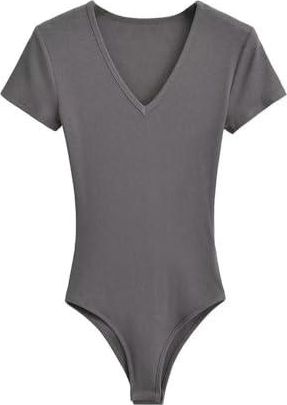 Generic YUJIEBB Body d&eacute;t&eacute; &agrave; manches courtes et col en V c&ocirc;tel&eacute; pour femme &eacute;lastique mince noir blanc top combinaisons, gris fonc&eacute;, S