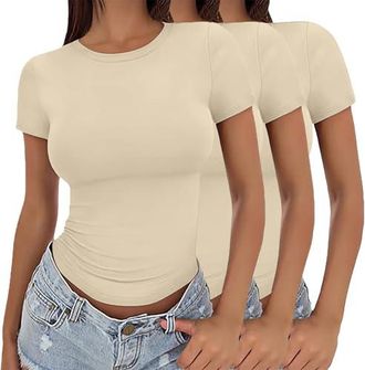 Generic Lot de 3 t-shirts &agrave; manches courtes pour femme - Maillot de corps basique court - T-shirts d&eacute;t&eacute; Y2K - Couleur unie - Coupe ajust&eacute;e - Pour adolescentes