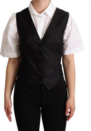 Dolce & Gabbana Womens Solid Black Silk Sleeveless Waistcoat Vest Top Polyester Elastane
