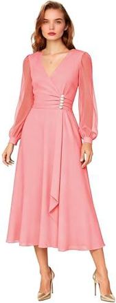 Generic Robe de mère de la mariée à manches longues en mousseline de soie plissée avec col en V pour invitée de mariage, corail, 48 Grande taille