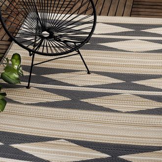 Fab Habitat FAB HAB Geometrischer Neutraler Tribal Teppich für den Außenbereich Wasserfest Lichtecht Knitterfrei Reversibel Recycelter Kunststoff Terrasse Veranda