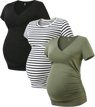 Lapasa Lot de 3 T-Shirts de Maternité Femme Vêtements de Grossesse Maillot de Corps Enceinte Manches Courtes L55 1 Noir, 1 à Rayures Bleu Marine, 1 Vert Oliv