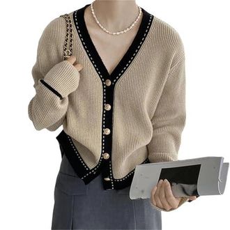 Generic Cardigan tricot&eacute; &eacute;l&eacute;gant &agrave; col en V et manches longues pour femme - Cardigan cor&eacute;en ample d&eacute;contract&eacute;, Kaki, taille unique