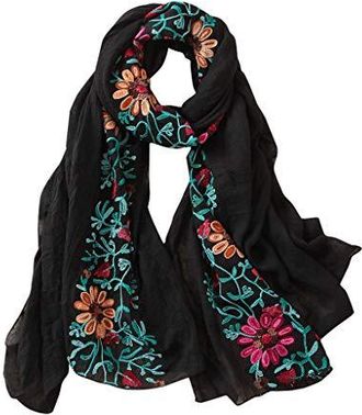 Generic SAUTRV Foulard brodé en coton pashmina pour femme - Foulard floral en soie pour dormir les cheveux, Noir, taille unique