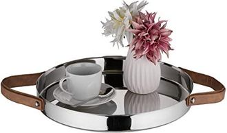 Relaxdays Serviertablett, rundes Design, mit Rand & Griffen, Frühstück im Bett, Edelstahl, Ø 35 cm, Dekotablett, silber