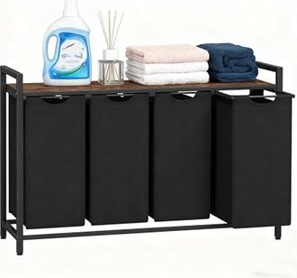 Relaxdays W&auml;schesammler mit 4 ausziehbaren W&auml;sches&auml;cken, mit Ablage, HBT: 72 x 116 x 33 cm, W&auml;schekorb, schwarz-braun