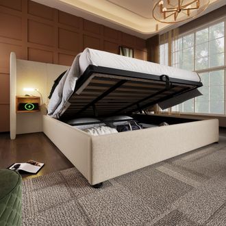 Generic Polsterbett Doppelbett mit integriertem Nachttisch, LED-Leselampe, USB- und Type-C-Anschlüssen, hydraulischem Stauraum, Massivholzlattenrost und Metal