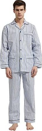 Global Ensembles de Pyjama Homme Long Vetements De Nuit 100% Coton Pantalon Manche Longue Boutonné Pjs Rayures Bleu Noir XL