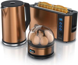 Arendo Wasserkocher mit Toaster und Eierkocher set Edelstahl Kupfer Wasserkocher 1,5L 40&deg; - 100&deg;C, Toaster 2 Scheiben LED-Display 6 Br&auml;unungsgrade - Arendo