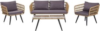Beliani Salon de Jardin Banquette Table Basse et 2 Fauteuils en Rotin Beige avec Coussins Gris Fonc&eacute; Style Boho Naturel pour Ext&eacute;rieur Tendance Beliani