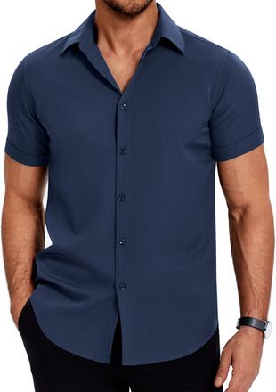 Coofandy Herren Hemd Kurzarm Button Down Sommer Freizeithemden Regular Fit Kent Kragen Business Hemd Bügelfrei Stretch Herrenhemden Marineblau XXL