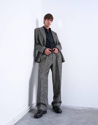 Topman Weit geschnittene Wollmix-Hose in Schwarz mit Fischgr&auml;tmuster