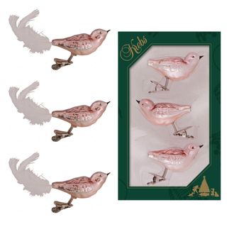 Krebs Glas Lauscha Weihnachtsdekoration/Christbaumschmuck aus Glas - V&ouml;gel auf Clip - Farbe: Koralle - 3 St&uuml;ck - Gr&ouml;&szlig;e: ca. 11 cm